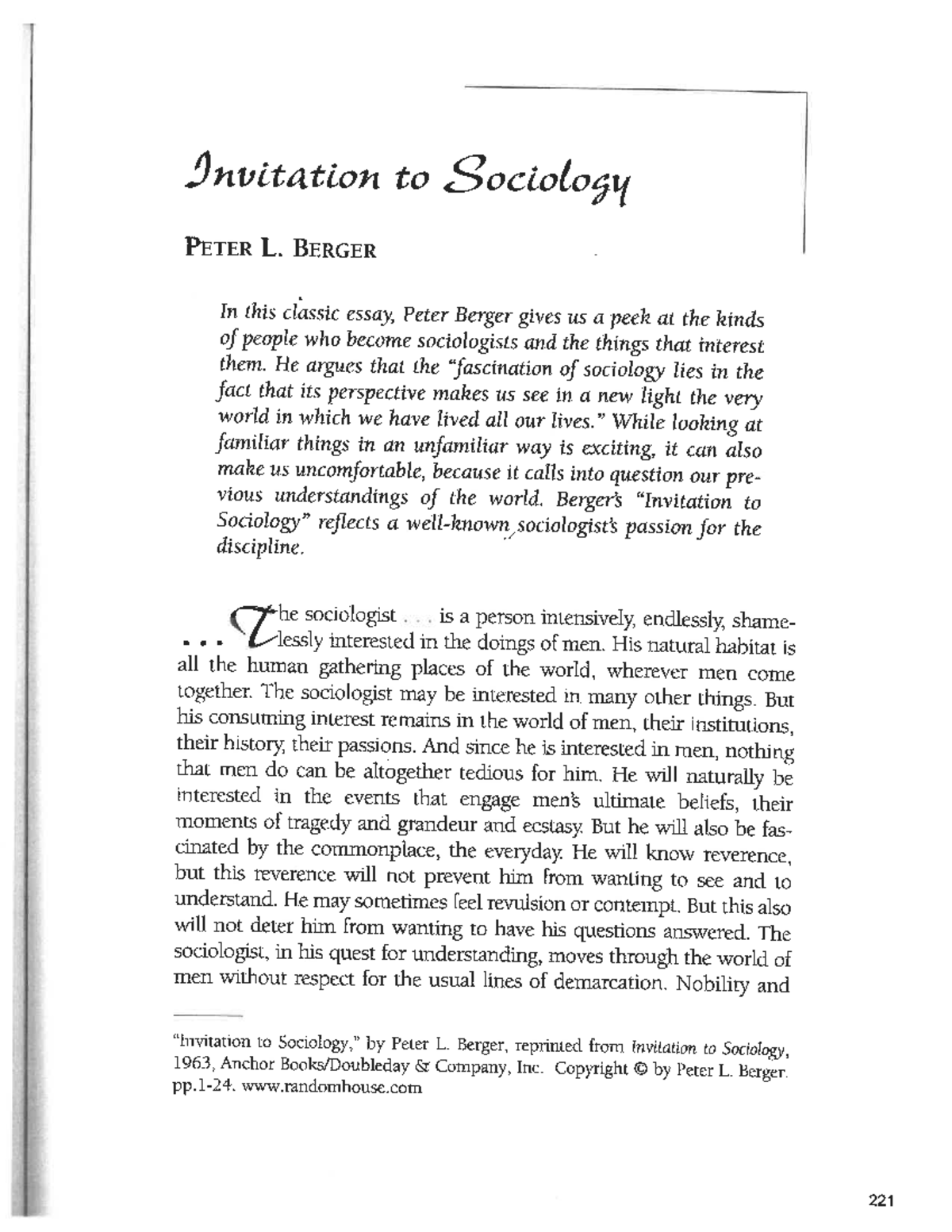 Peter Berger - Invitation to Sociology (1963) - SOCIO 211 - Studocu