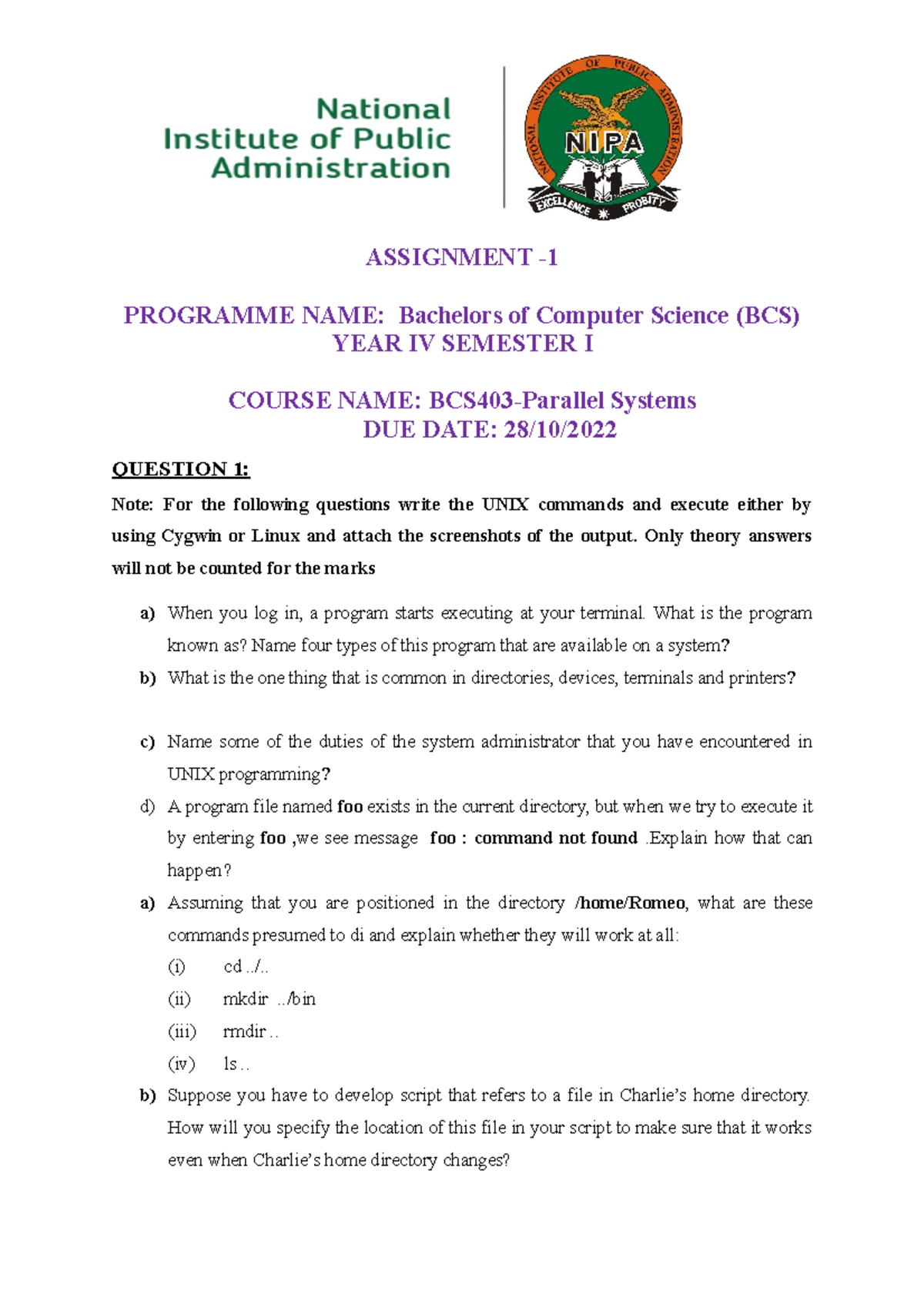 Parallel System Assignment October 2022 - ASSIGNMENT - PROGRAMME NAME: Bachelors of Computer ...