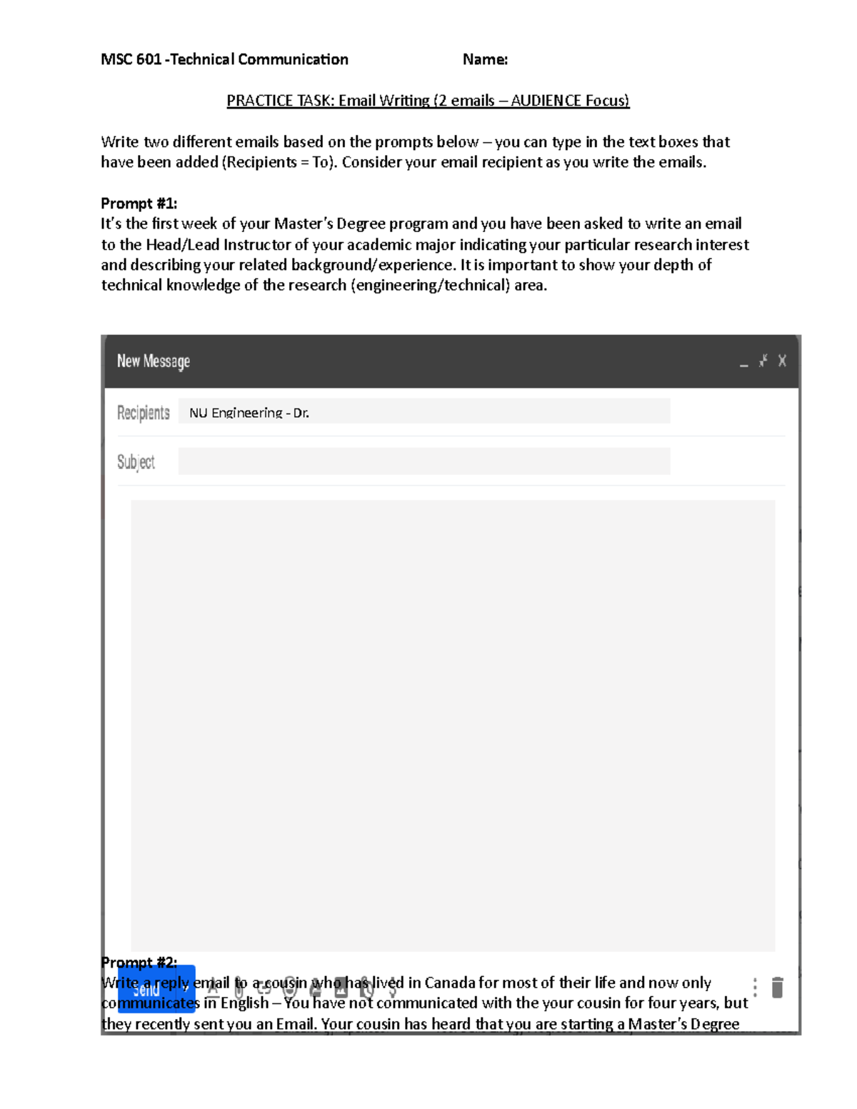 TASK - Email Writing (2 prompts - Audience focus) - MSC 601 -Technical ...