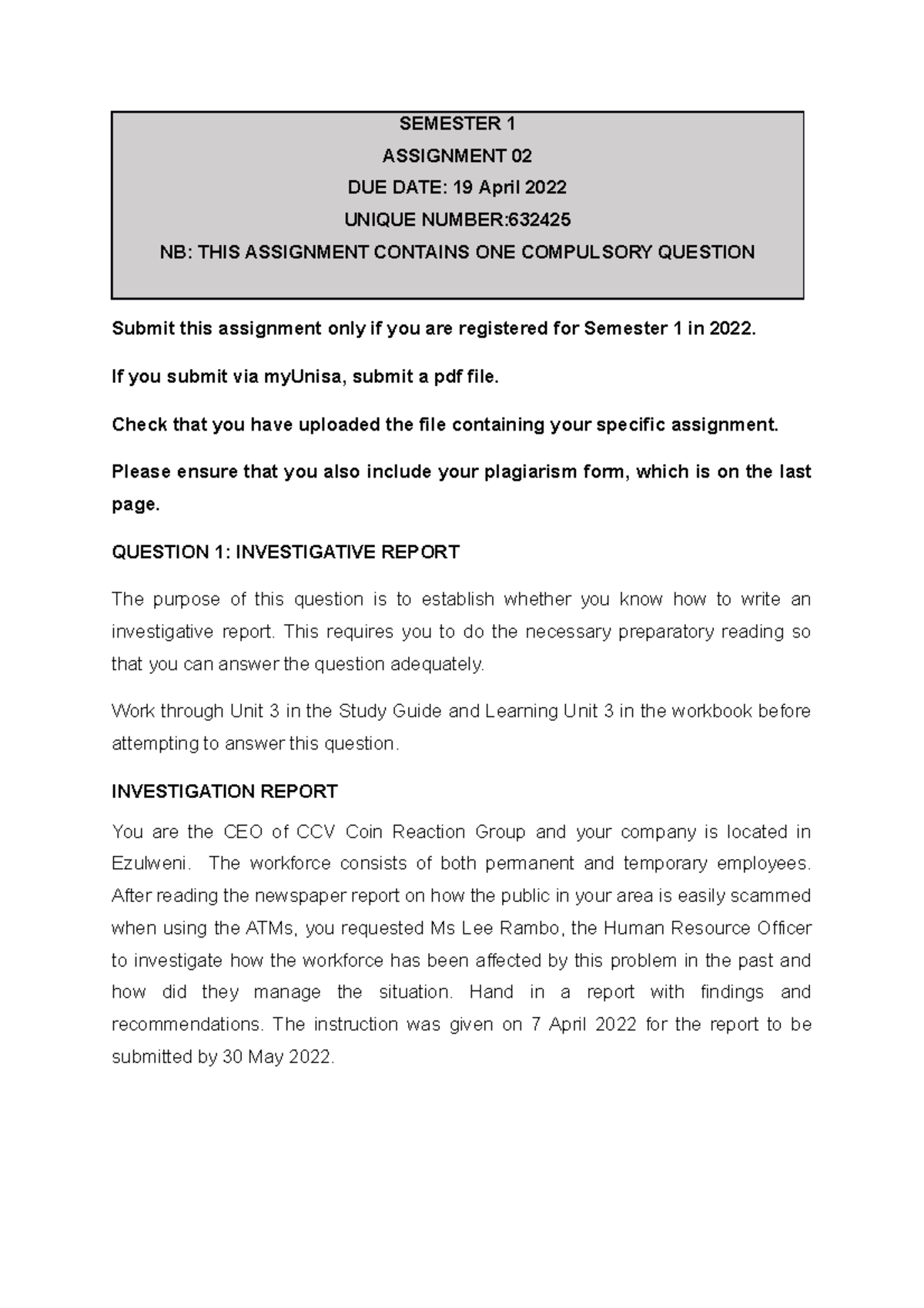 Assignment 2 semester 1 - SEMESTER 1 ASSIGNMENT 02 DUE DATE: 19 April 2022 UNIQUE NUMBER: NB ...