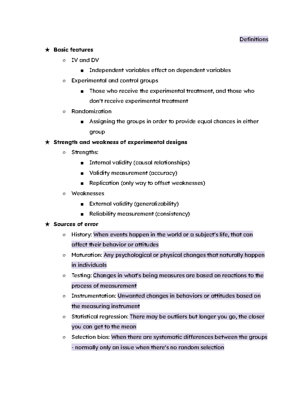 Chapter 7 - Experimental Designs - Definitions ★ Basic features IV and ...