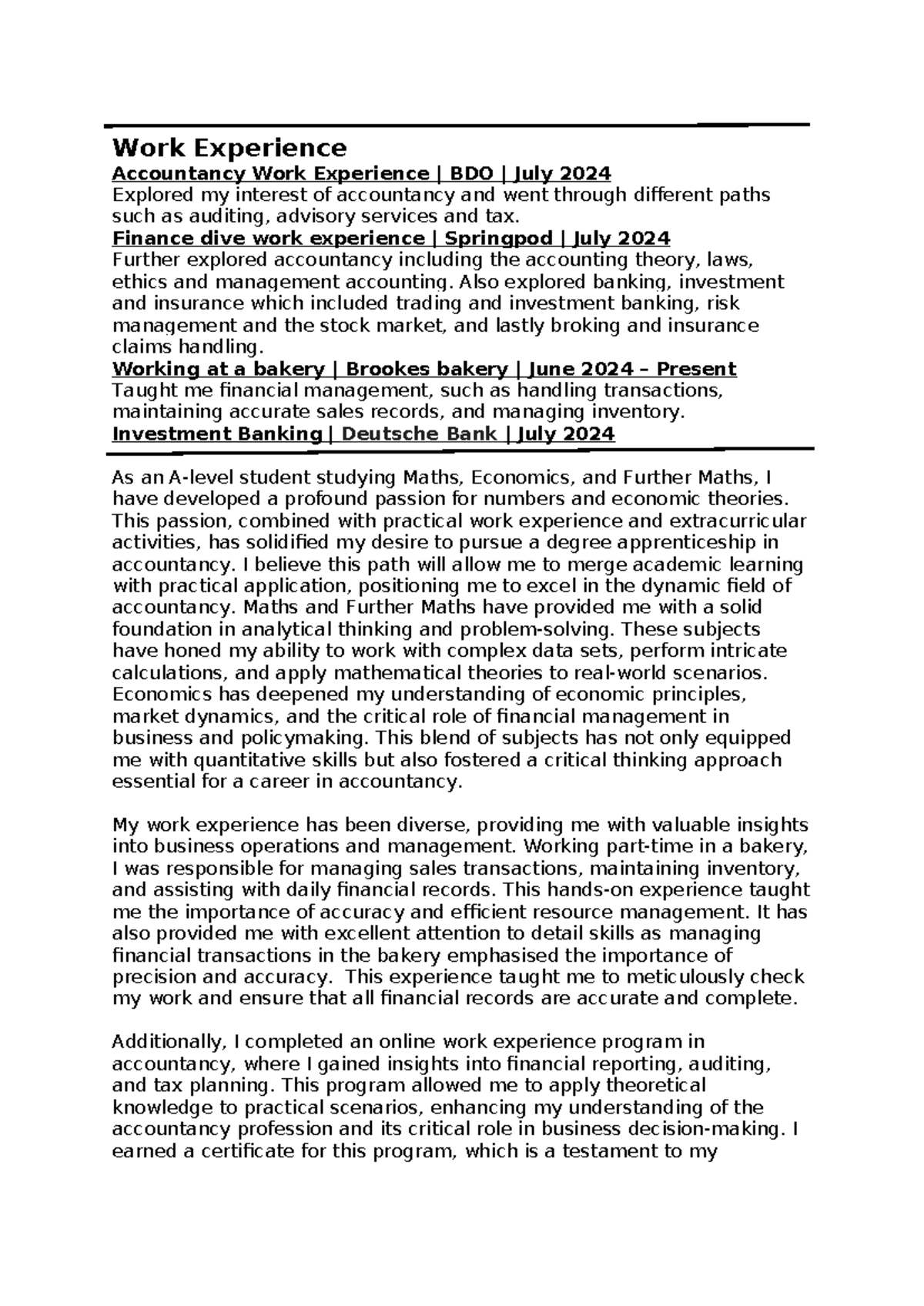 Personal statement - sfsfsfd - Work Experience Accountancy Work ...