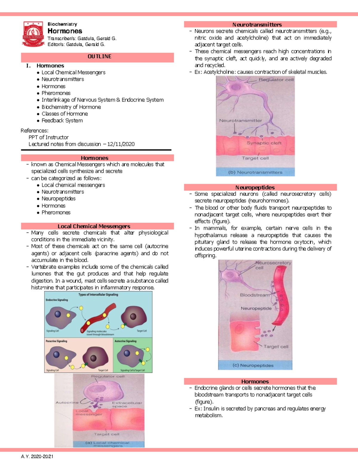 Activity NO - Lecture notes 3-7 - A. 2020- OUTLINE I. Hormones Local ...