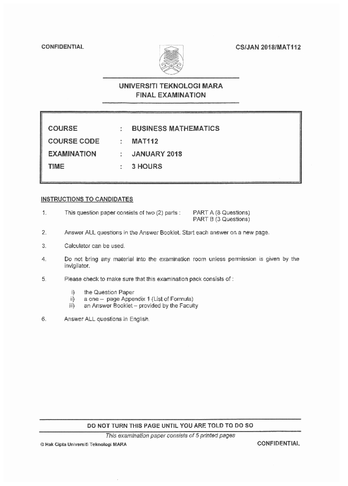 MAT112 Past Year Question - Business Mathematics - Studocu