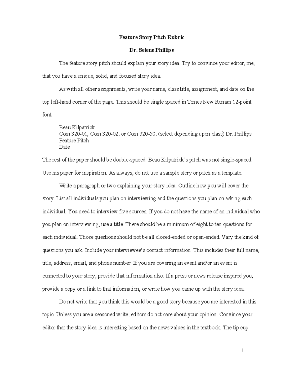 Feature Pitch Rubric - Phillips - Feature Story Pitch Rubric Dr. Selene ...