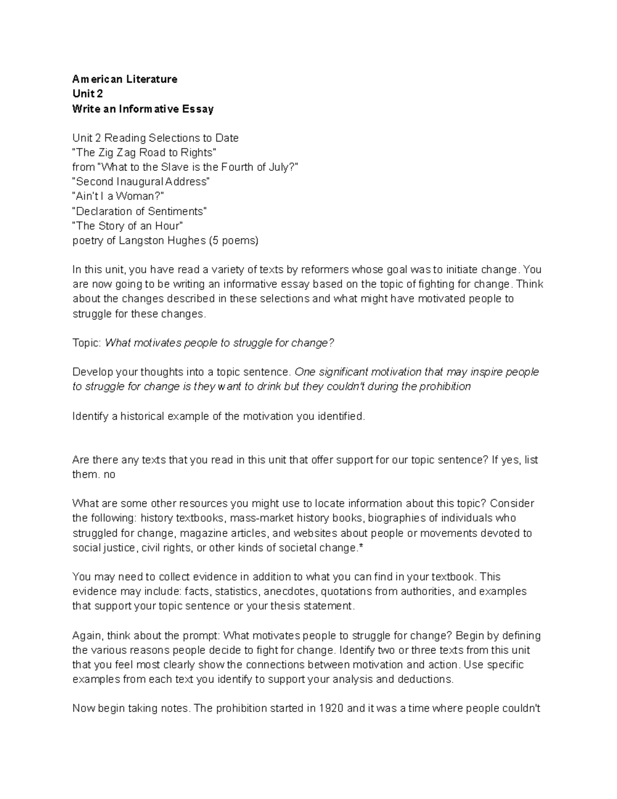 Copy of Copy of Informative Essay Notes - American Literature Unit 2 ...