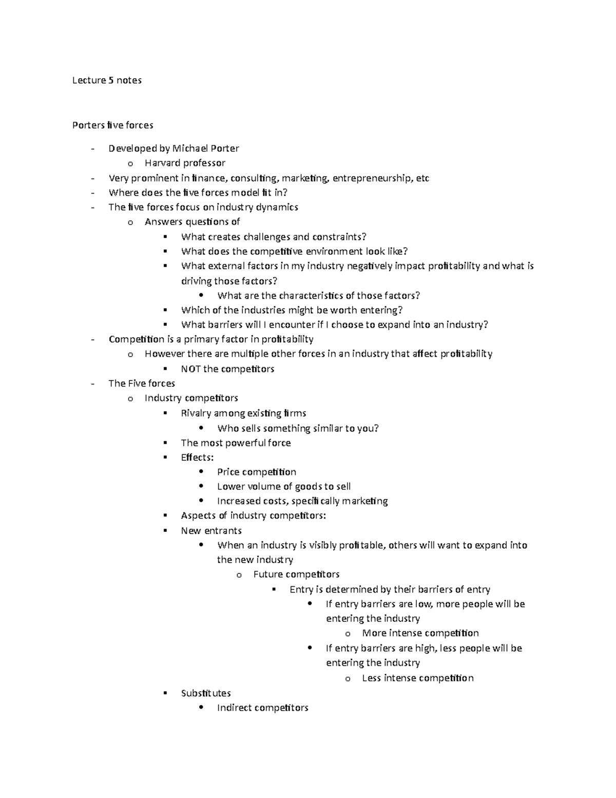 BU 111 Lecture 5 Notes - Lecture 5 notes Porters five forces Developed ...