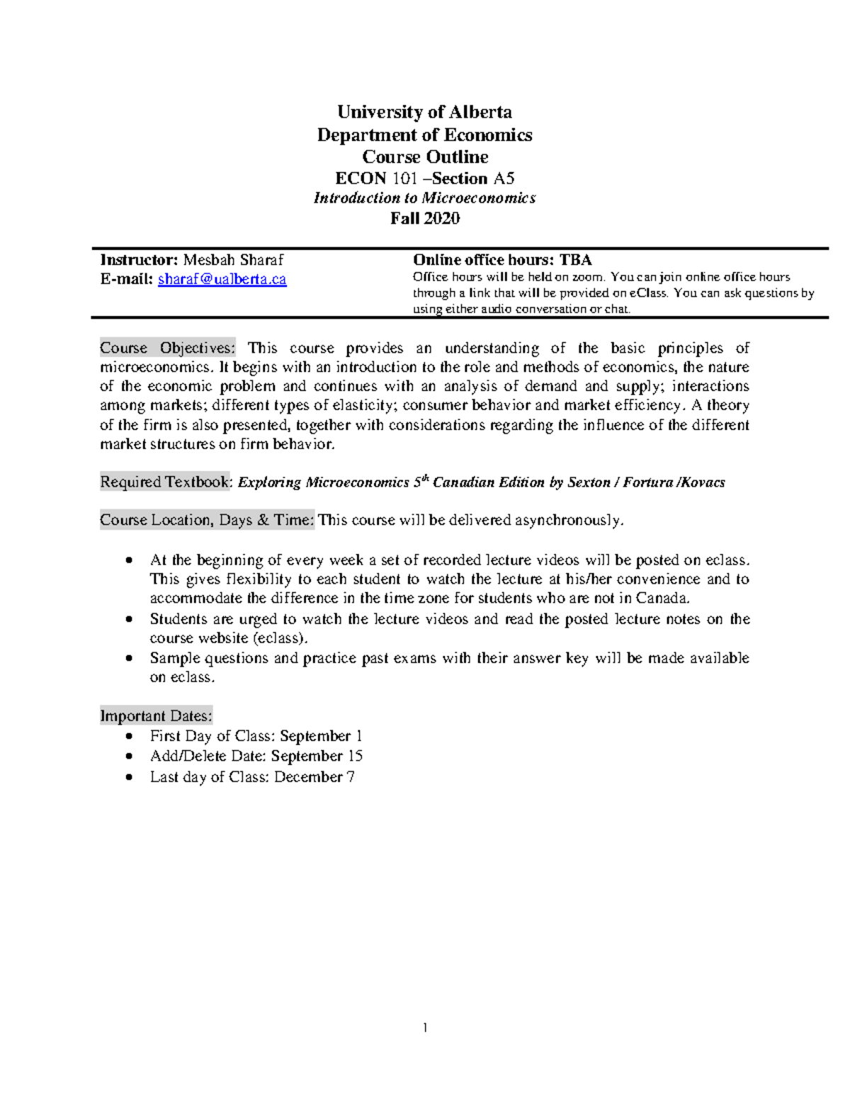 Course outline Econ 101 A5 - University of Alberta Department of ...