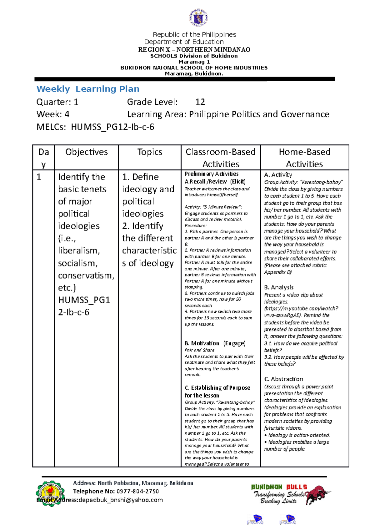 4th week ppg New-Weekly-Learning-Plan-for-SHS-Teachers - Copy ...