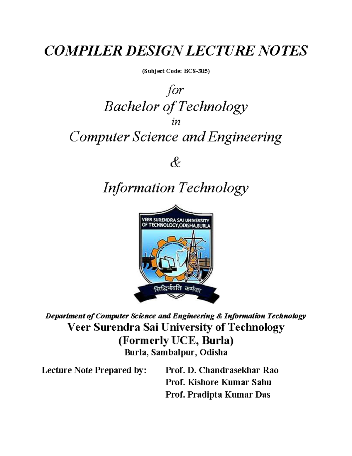 Compiler Design Notes 2 Compiler Design Lecture Notes Subject Code Bcs 305 For Bachelor Of