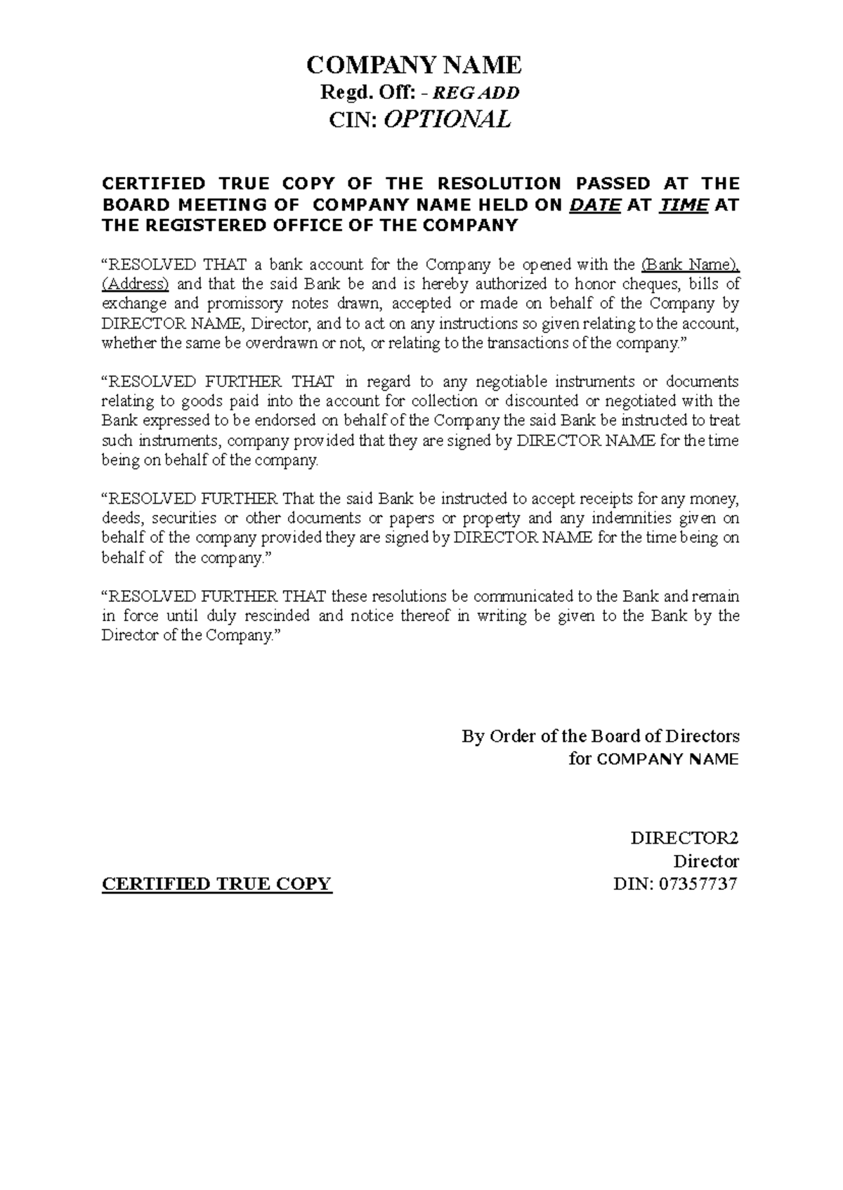 Board Resolution for Bank account - template - COMPANY NAME Regd. Off ...