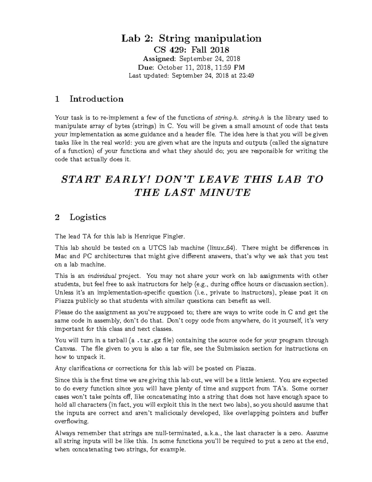 Lab2 - String Manipulation handout - Lab 2: String manipulation CS 429 ...
