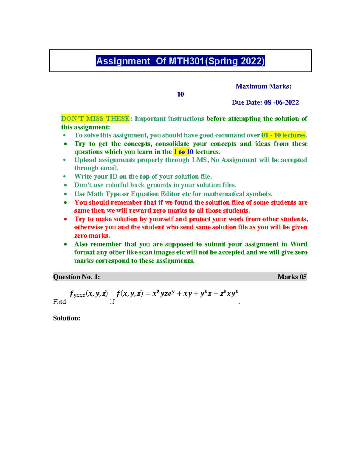 Spring 2022 MTH301 1 Solution - Assignment Of MTH301(Spring 2022) Maximum Marks: 10 Due Date: 08 ...