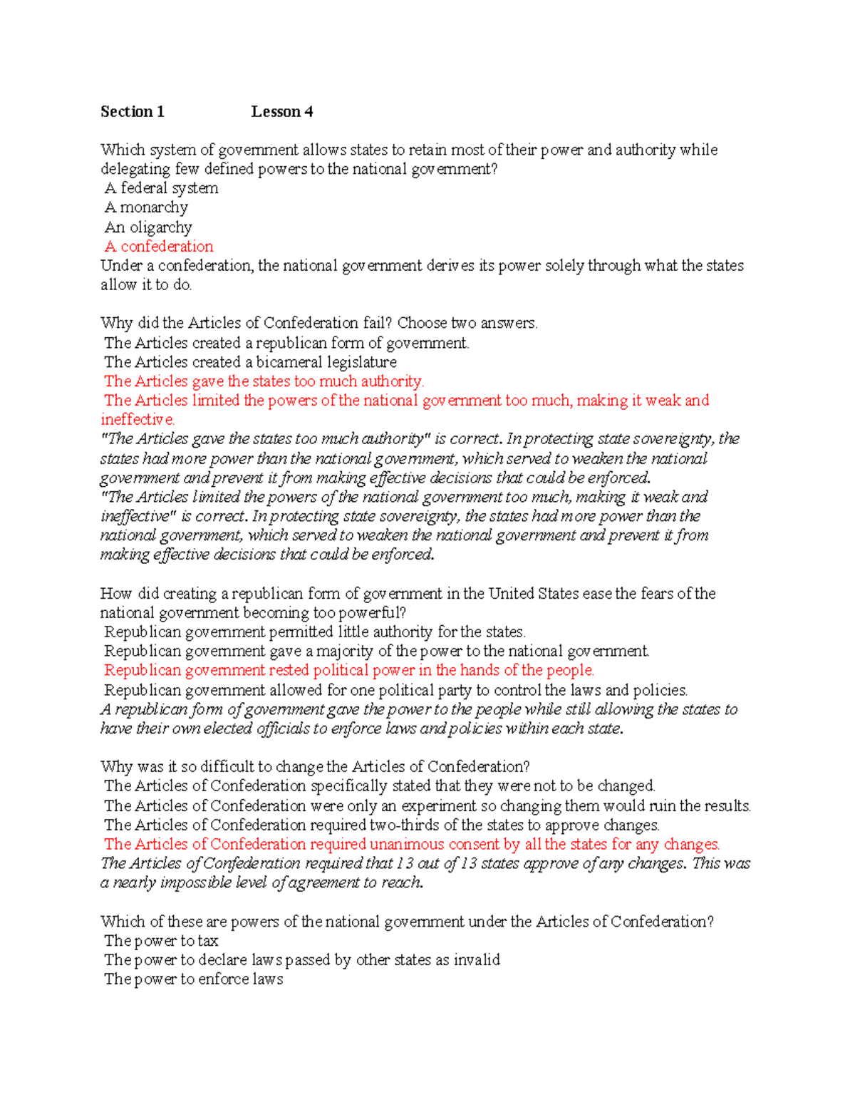 Section 1 Lesson 4 - Summary American Politics and US Constitution ...