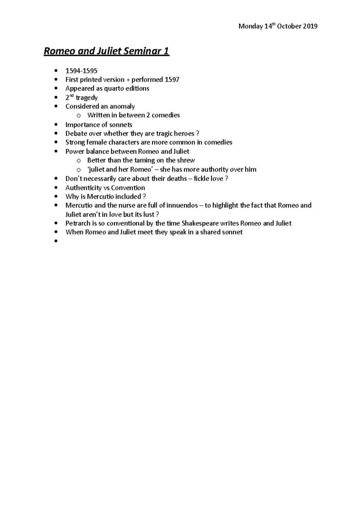 Romeo and Juliet Seminar 1 - Monday 14th October 2019 Romeo and Juliet ...