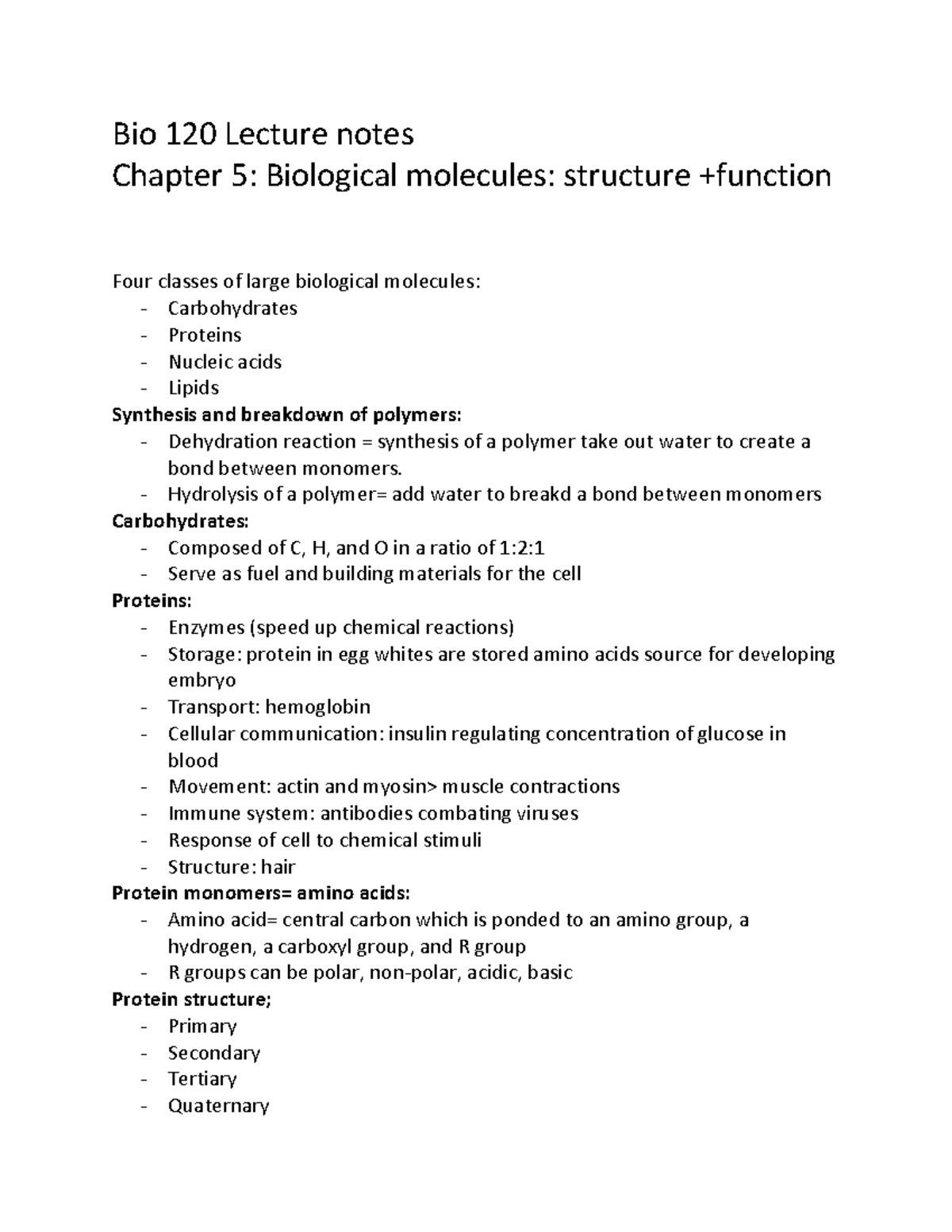 Chapter 5 ntoes - Bio 120 Lecture notes Chapter 5: Biological molecules ...