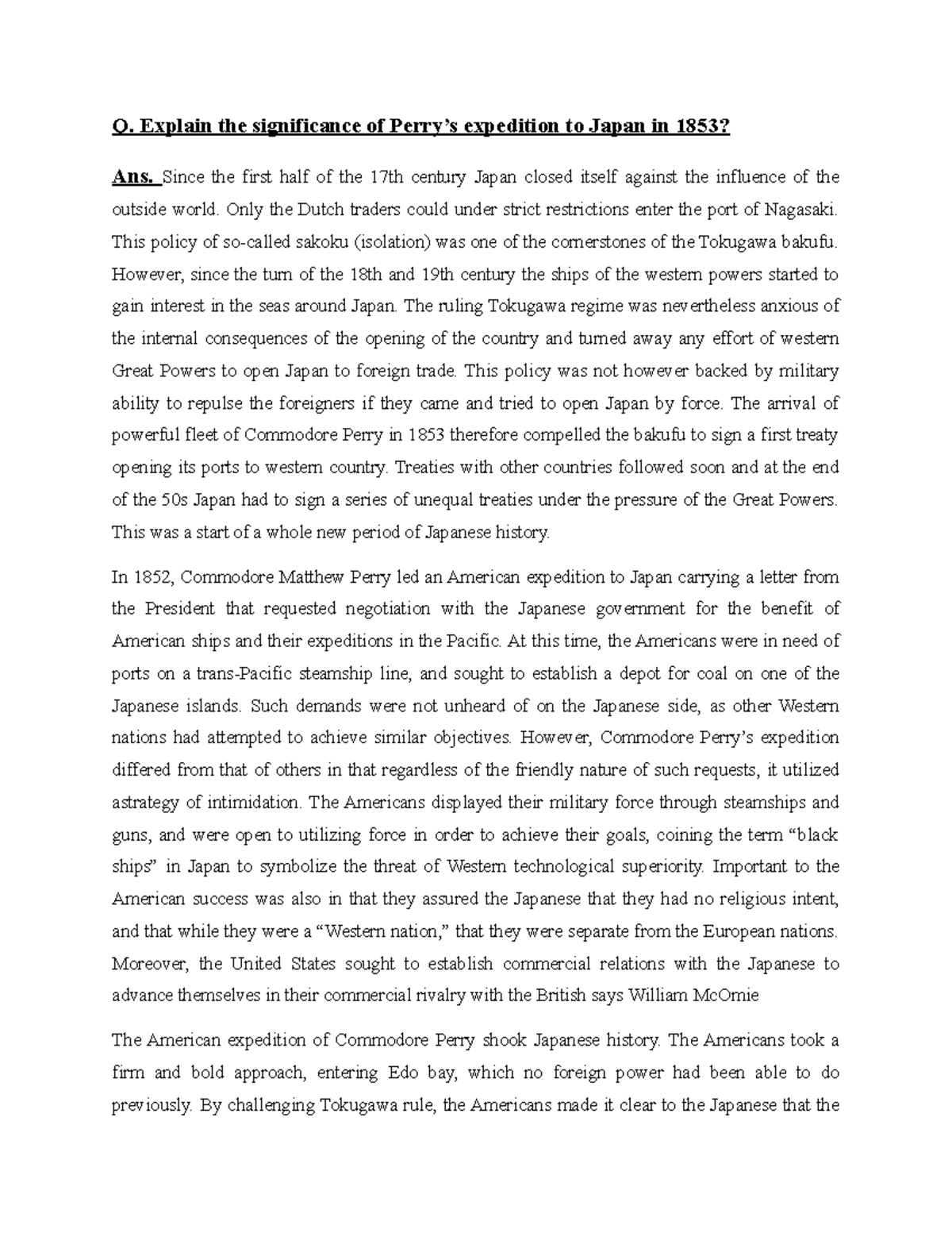 Perry's expedition to japan - Q. Explain the significance of Perry’s ...