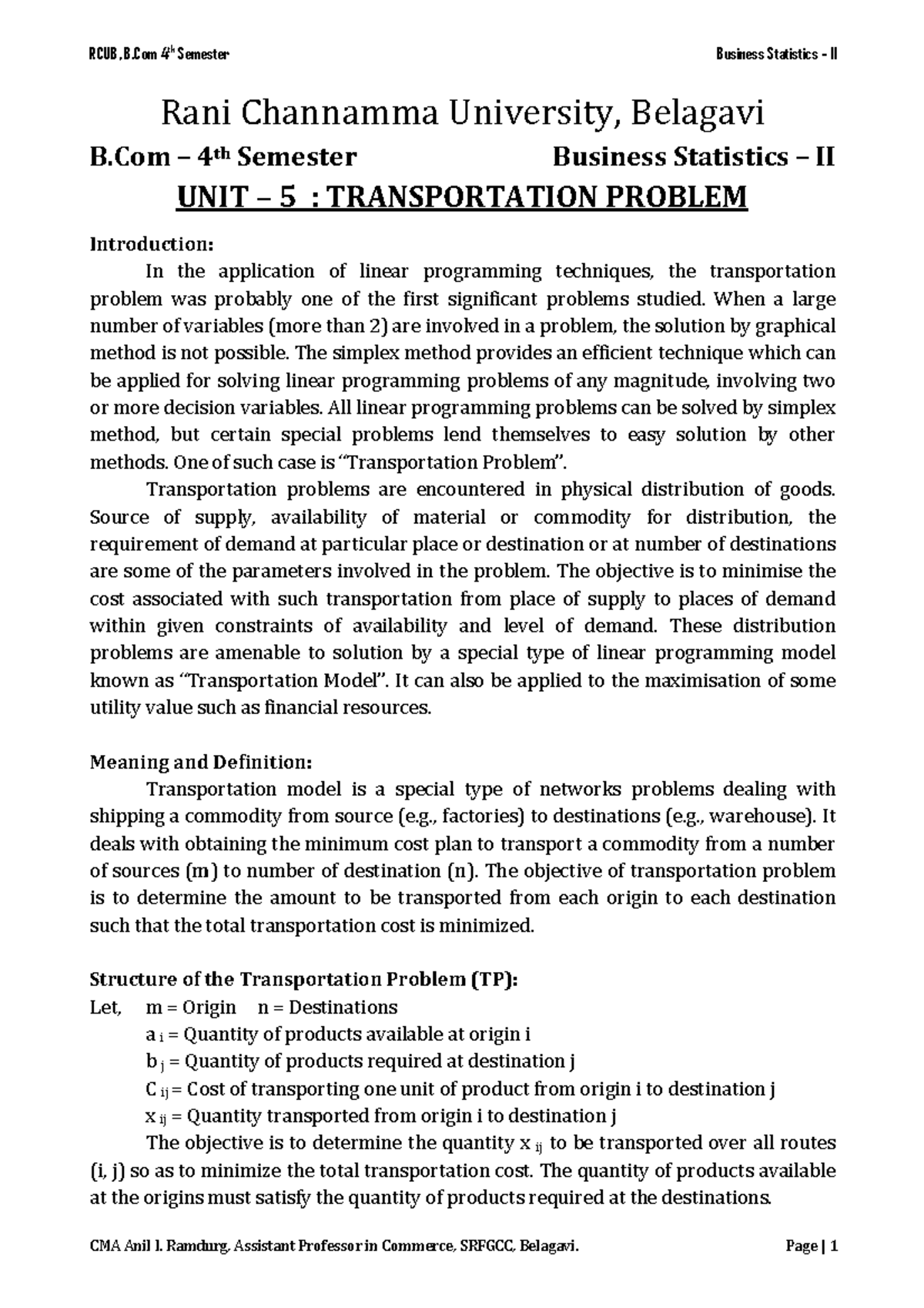 Business Statistics Unit 5 Transportation Problem - Rani Channamma ...