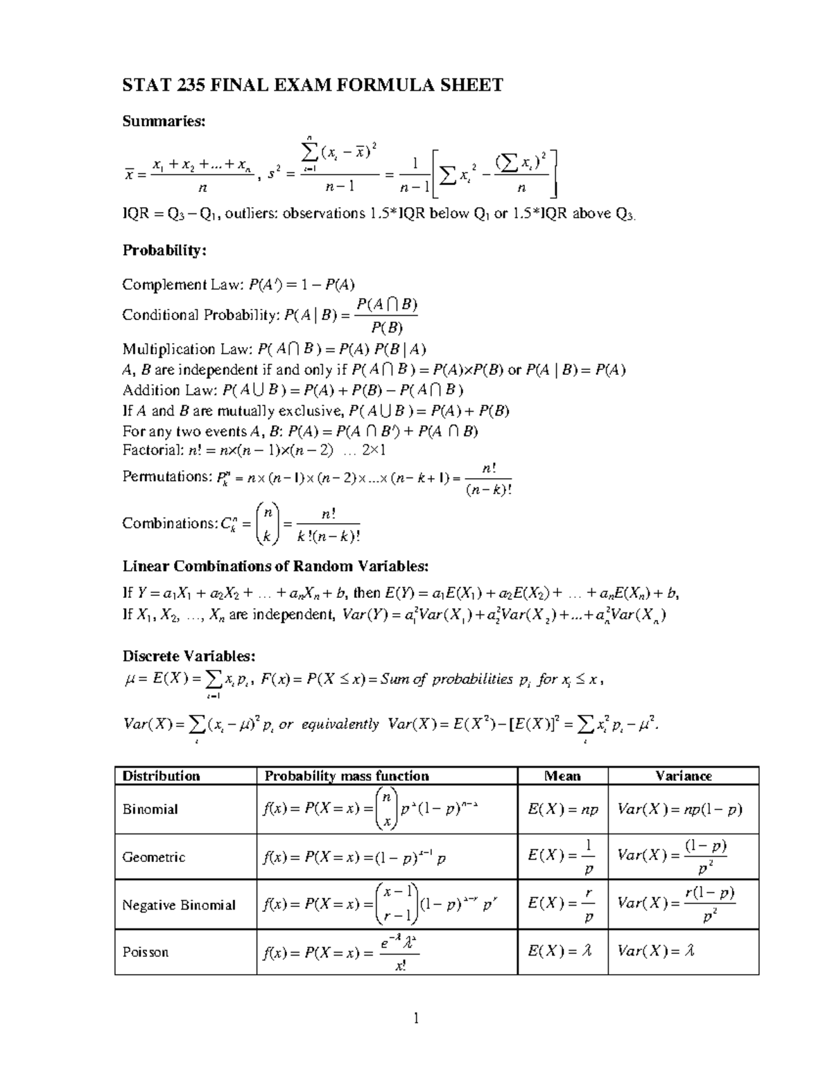 Final exam formula sheet - STAT 235 FINAL EXAM FORMULA SHEET Summaries ...