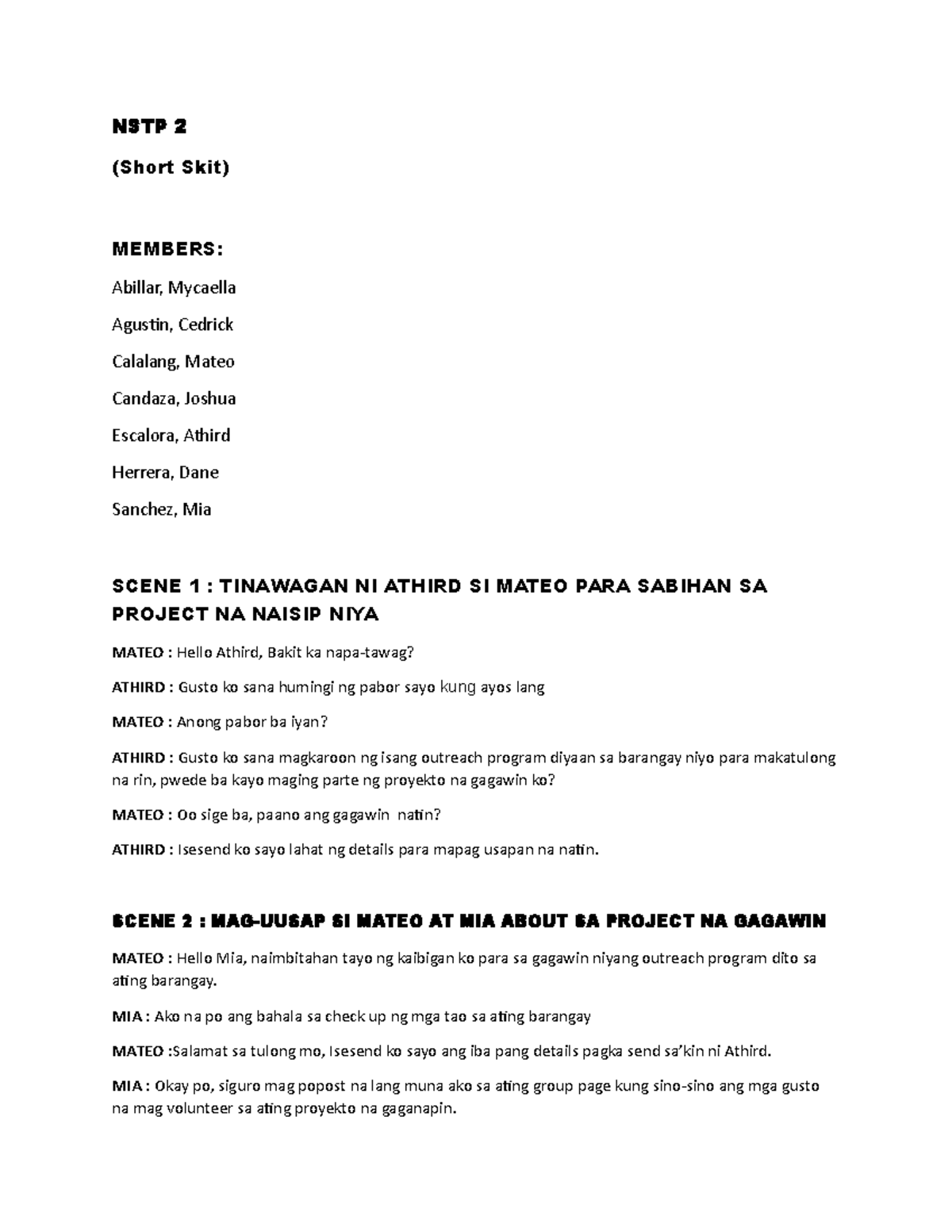 NSTP-TP- Roleplay - Script - NSTP 2 (Short Skit) MEMBERS: Abillar, Mycaella Agustin, Cedrick ...