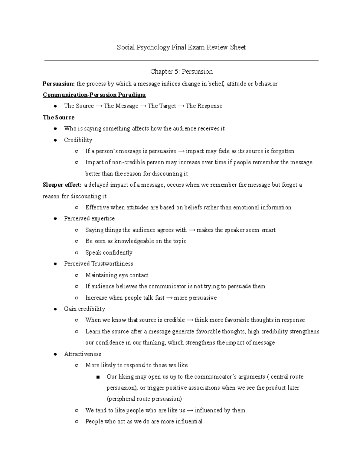 Final Exam Review Sheet - Social Psychology Final Exam Review Sheet ...