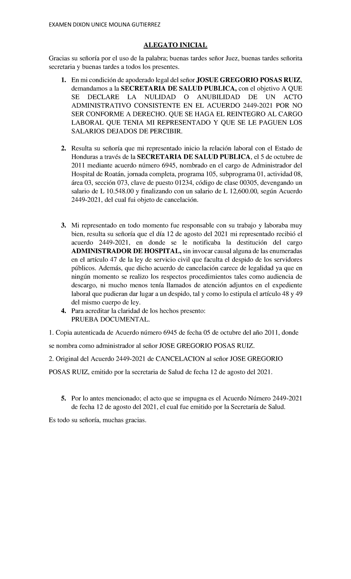 Alegato Inicial - EXAMEN DIXON UNICE MOLINA GUTIERREZ ALEGATO INICIAL ...