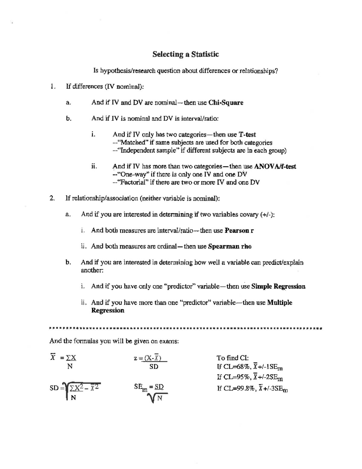 Stat handout - 2. Selecting a Statistic Is question about differences ...