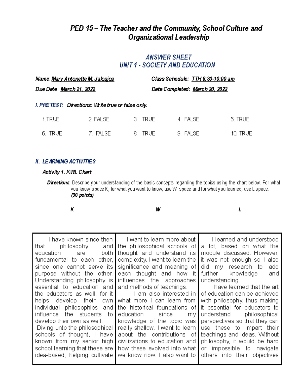 PED 15 - Jalosjos - coursework - PED 15 – The Teacher and the Community ...