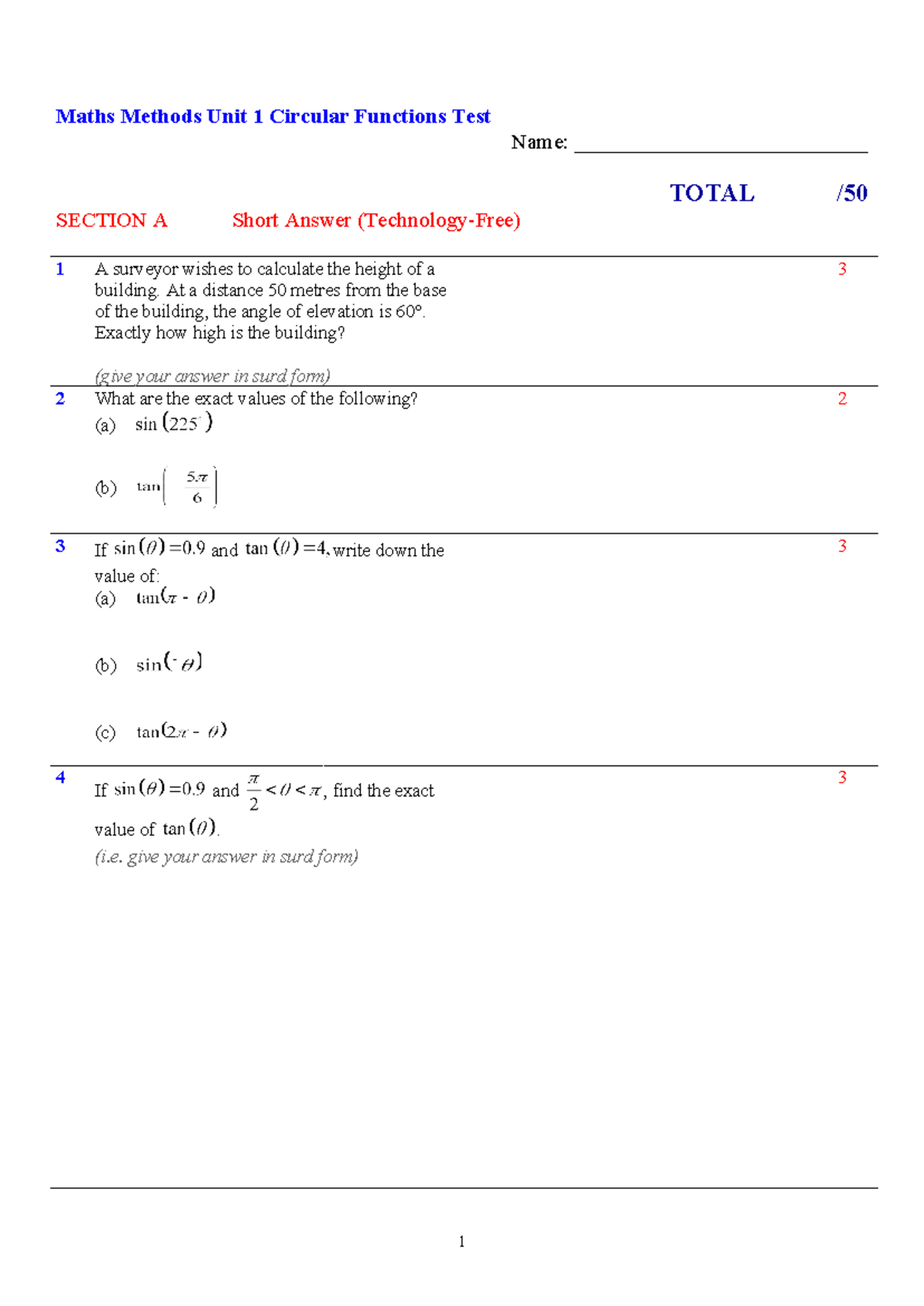 Circular Functions Test - Maths Methods Unit 1 Circular Functions Test ...