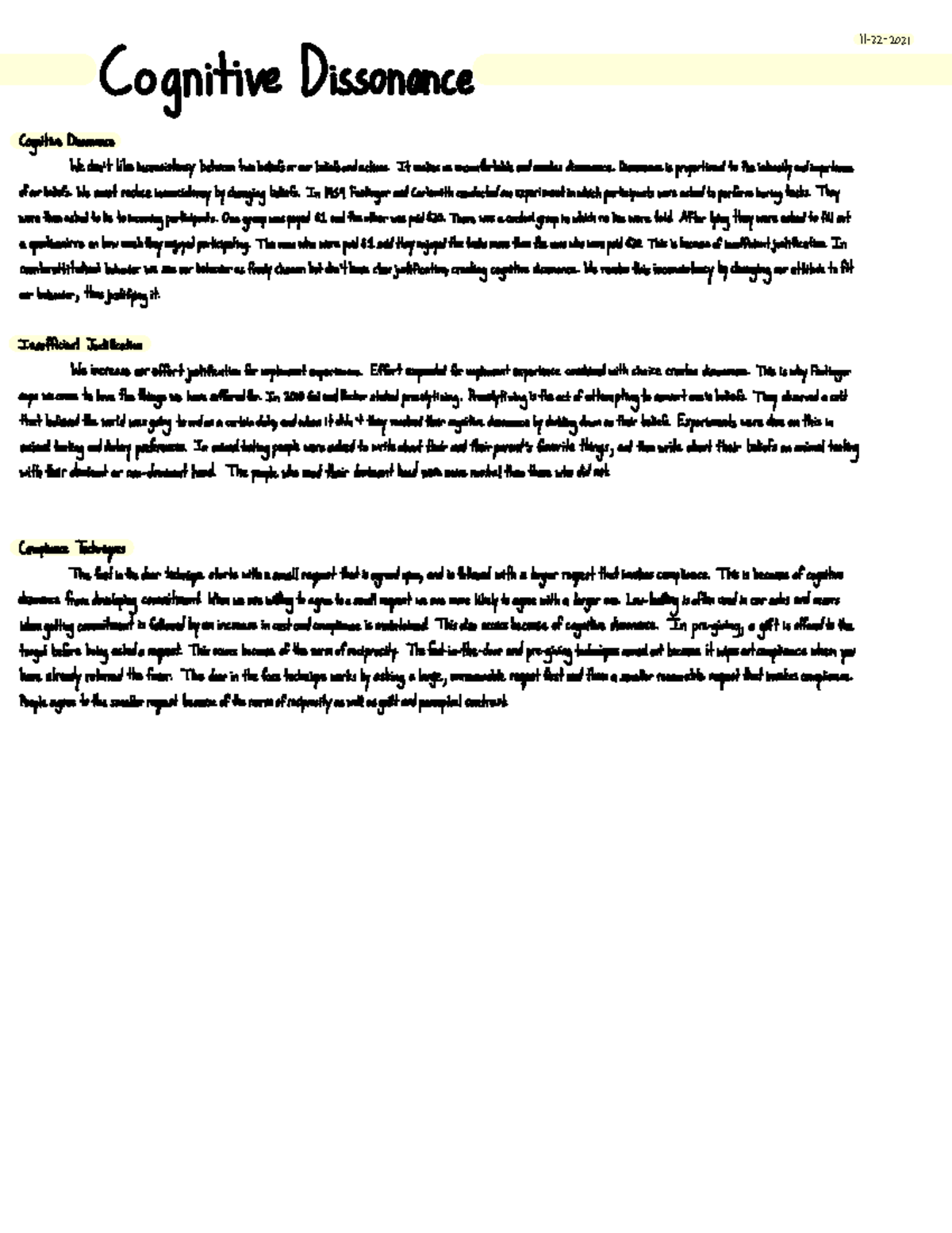 Cognitive Dissonance - Handwritten Notes - 11-22- Cognitive Dissonance ...