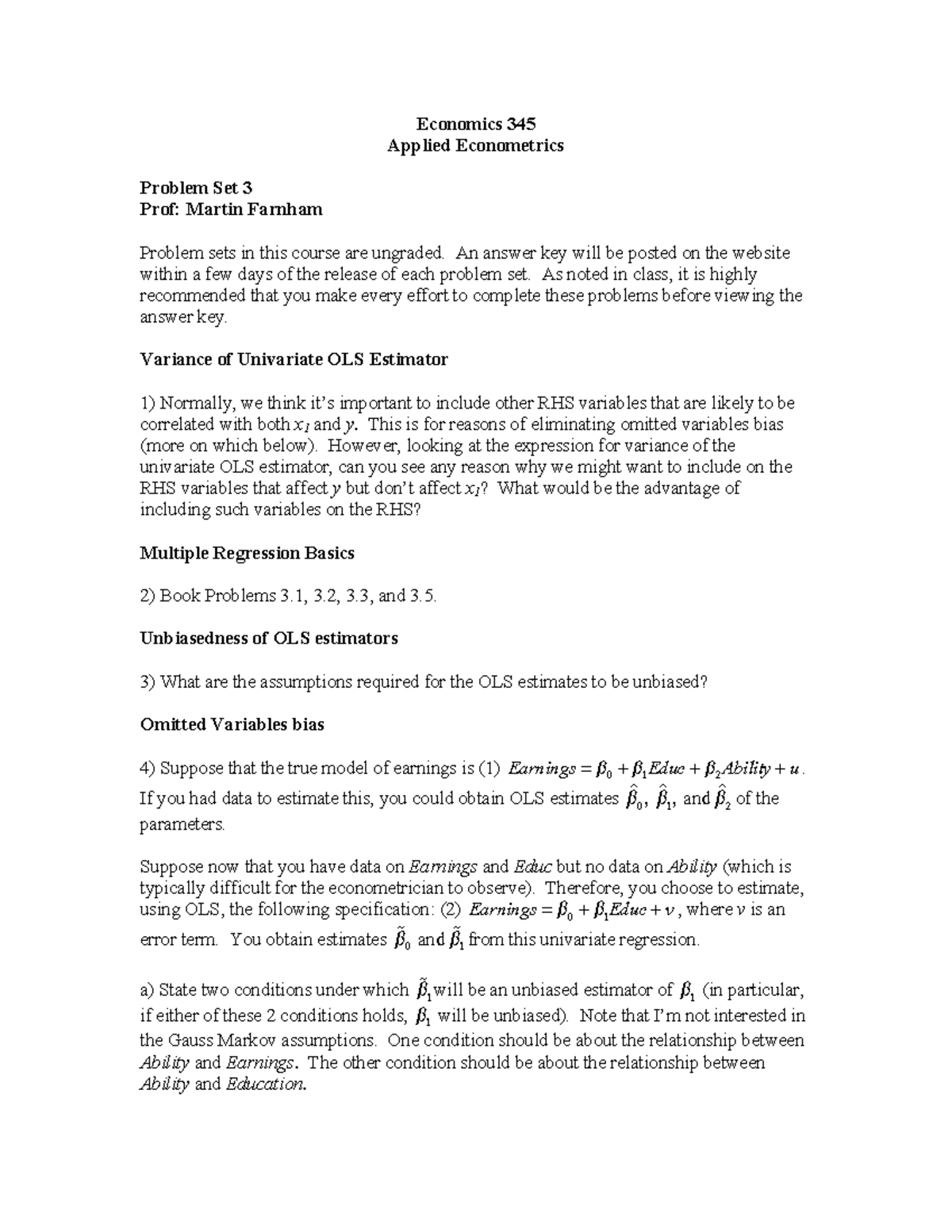 Tutorial work - problem set 3 + solutions - Economics 345 Applied ...