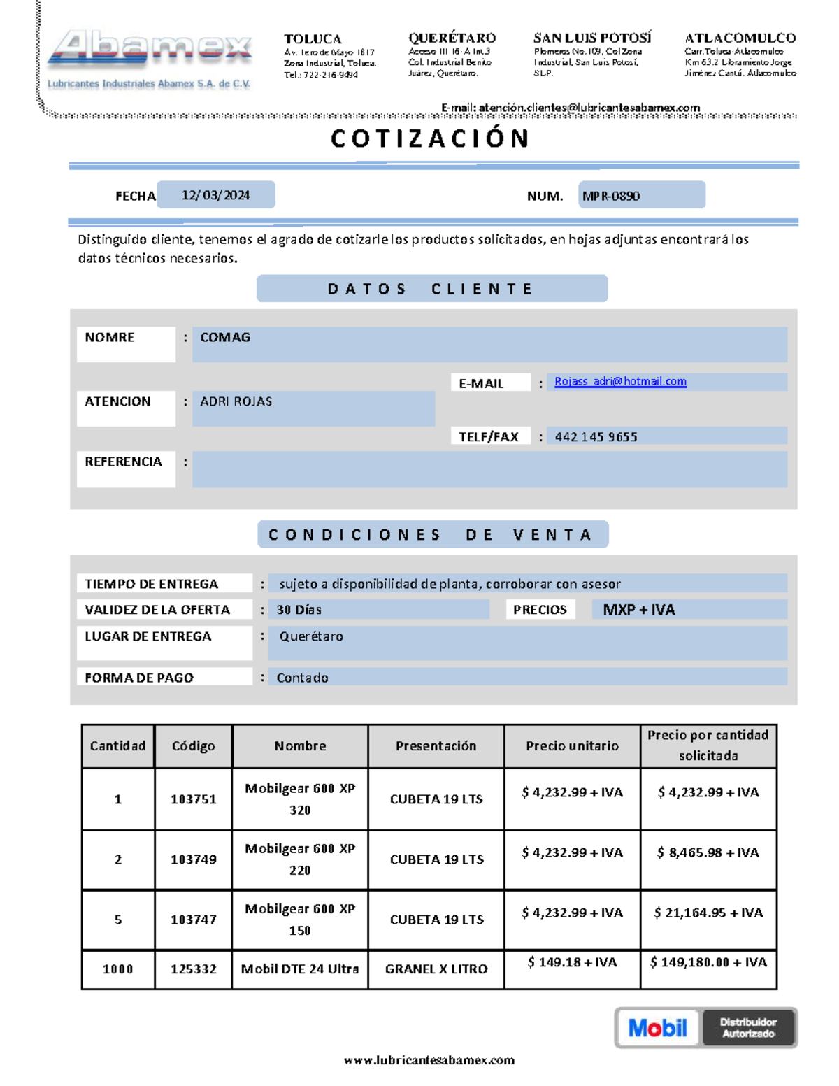 Comag 12032024 MPR-0890 - lubricantesabamex SAN LUIS POTOSÍ Plomeros No ...