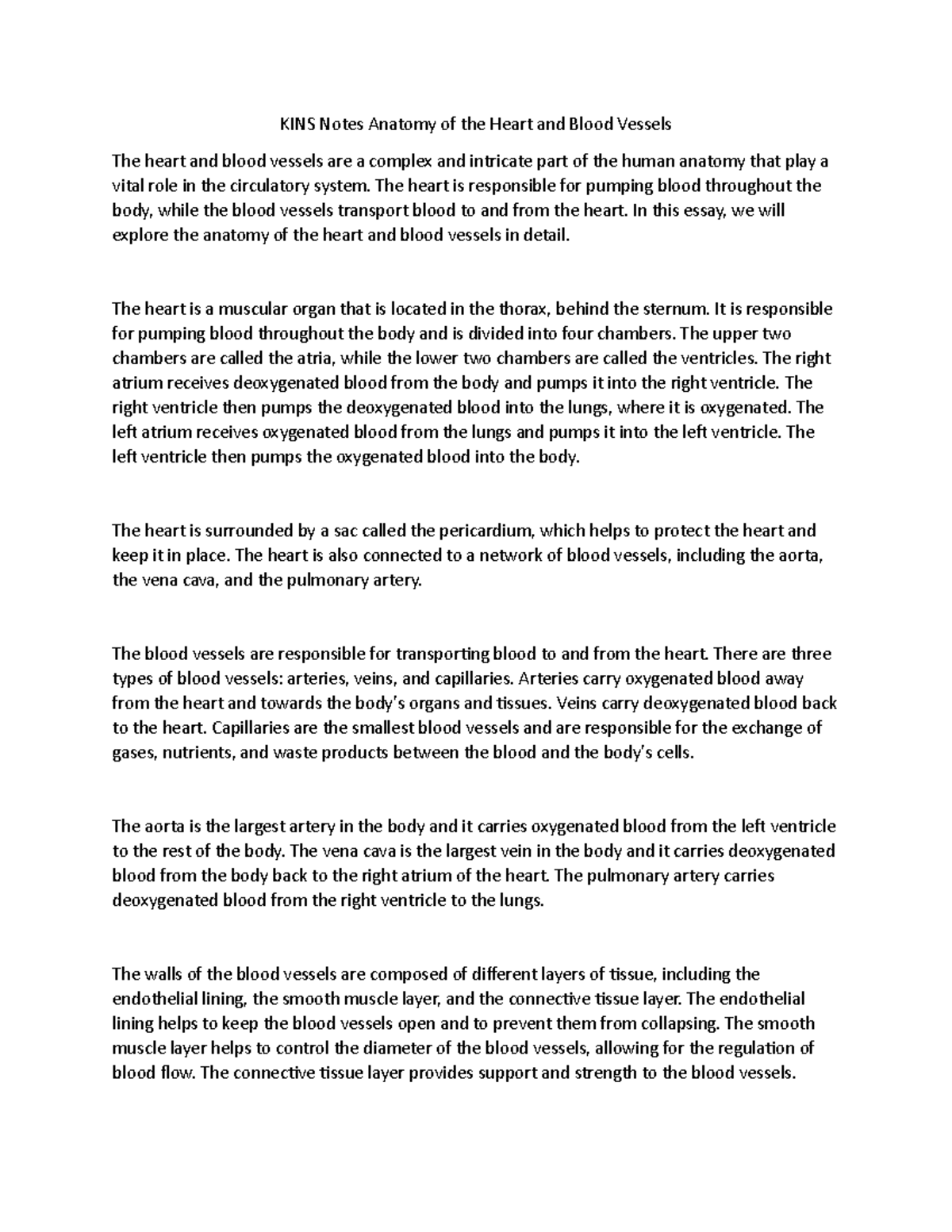 KINS Notes Anatomy of the Heart and Blood Vessels - The heart is ...