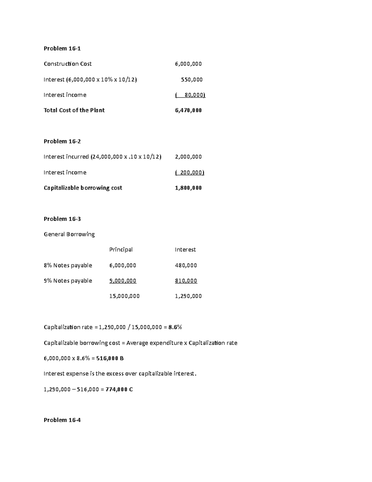 Borrowing Cost 16 1 to 16 6 - Problem 16- Construction Cost 6,000 ...