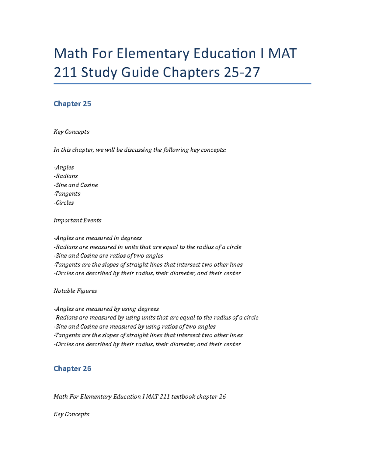 Math For Elementary Education I MAT 211 Study Guide Chapters 25-27 -The ...