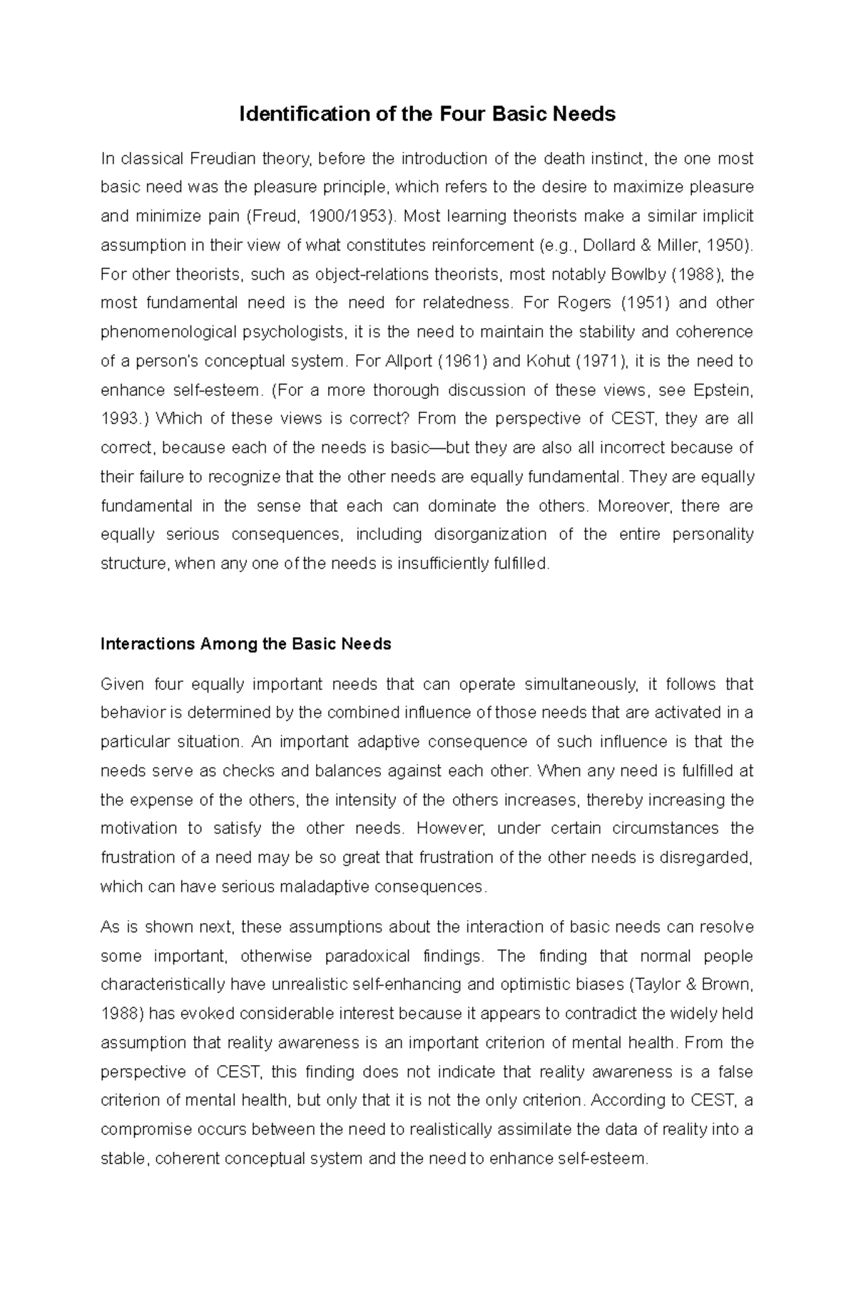 Identification of the Four Basic Needs - Most learning theorists make a similar implicit ...