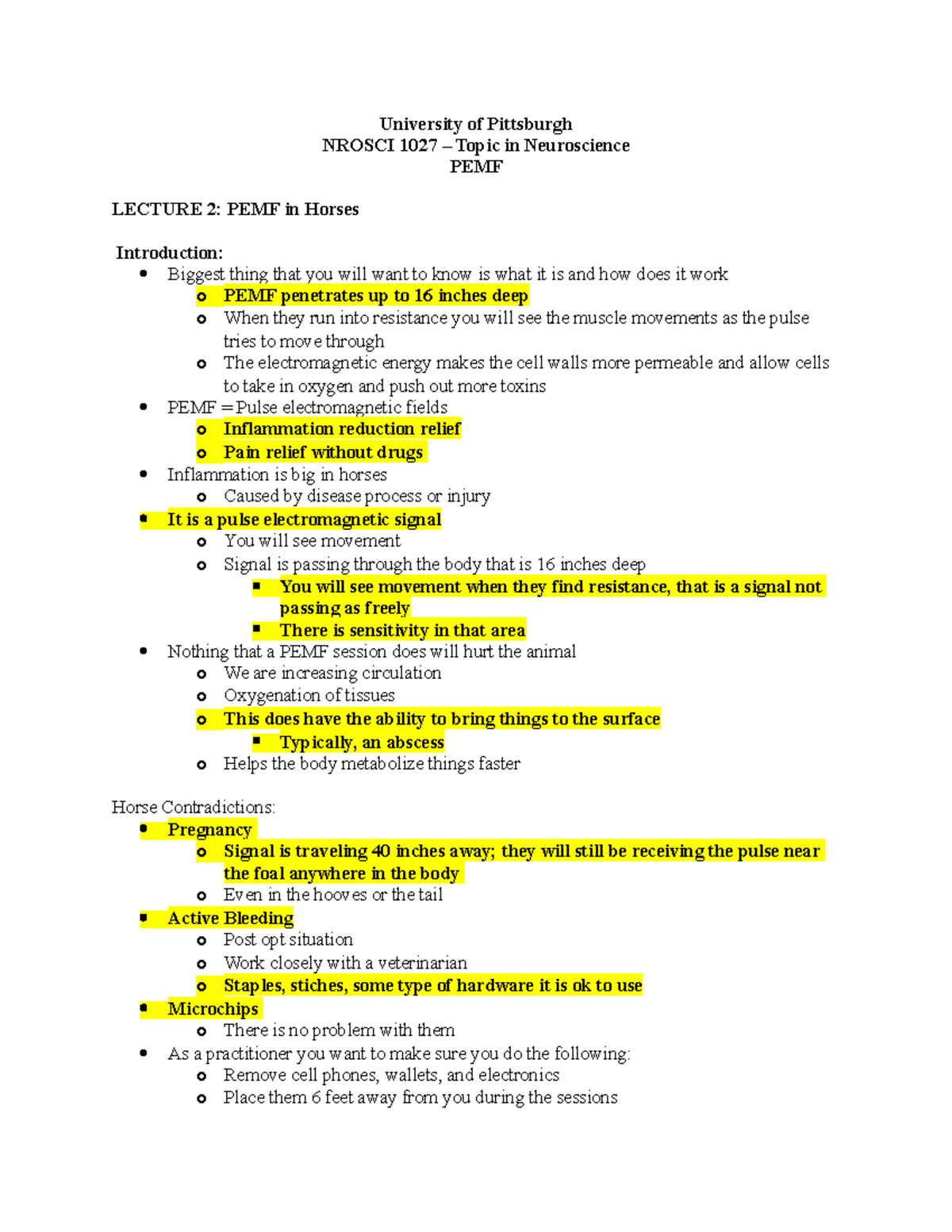 Lecture 2 - PEMF with Horses - University of Pittsburgh NROSCI 1027 ...