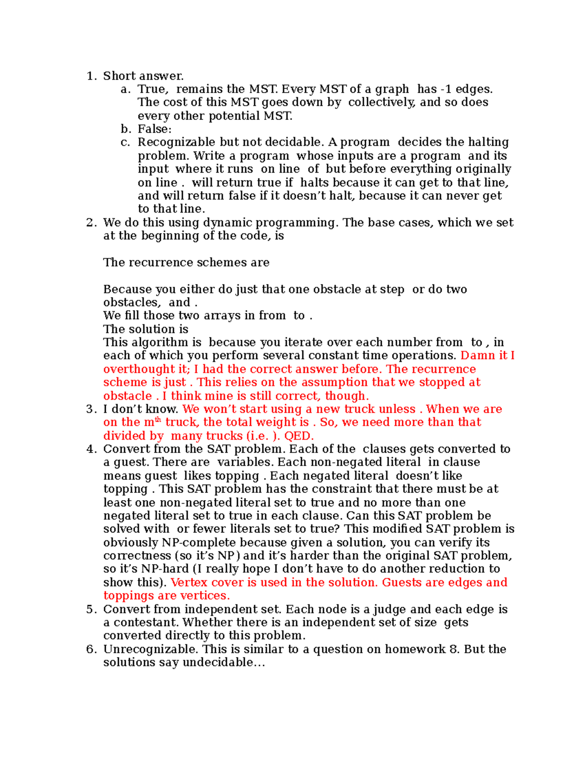 Cs 4820 Final Review Short Answer A True Remains The Mst Every Mst Of A Graph Has 1 Edges