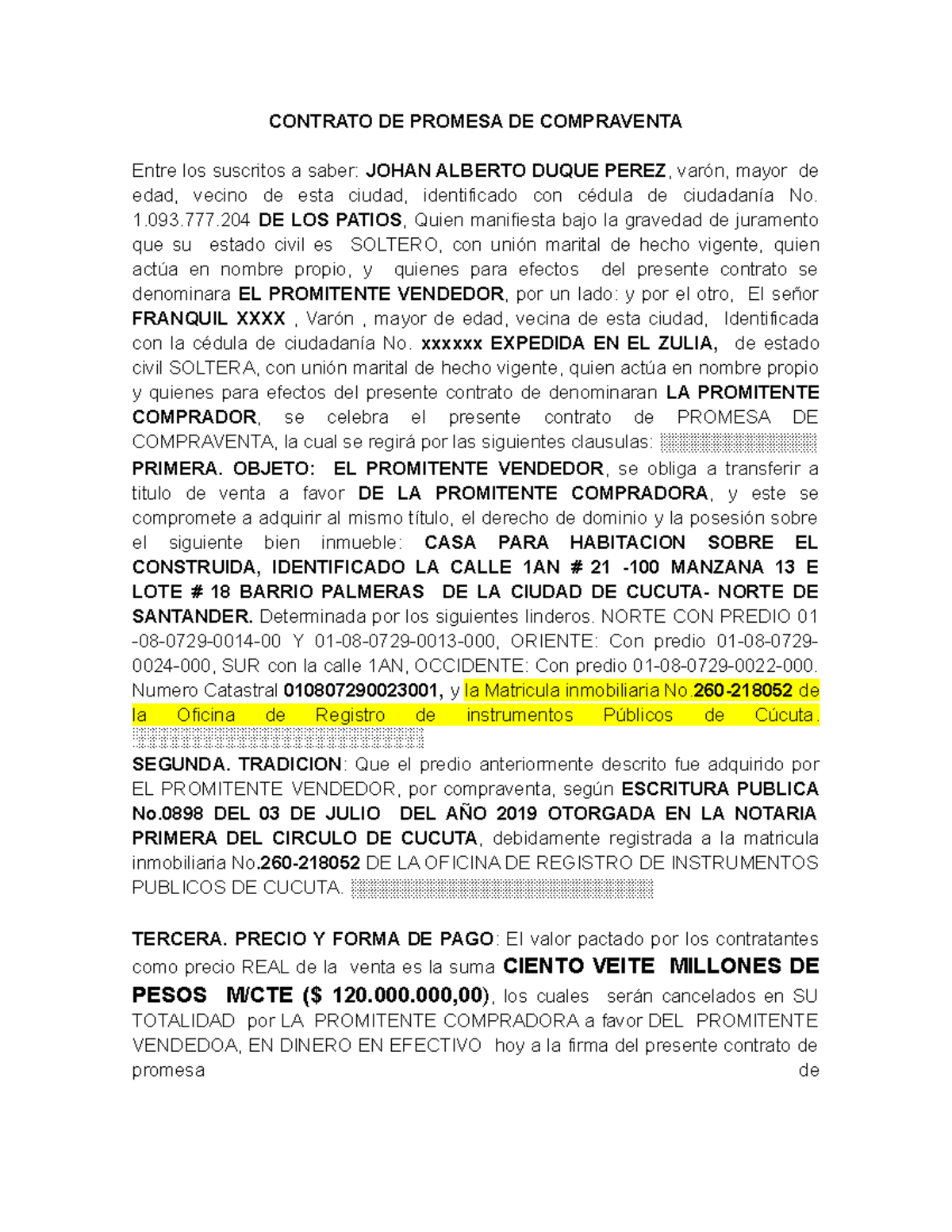Promesa DE Compraventa Johan Duque - CONTRATO DE PROMESA DE COMPRAVENTA ...