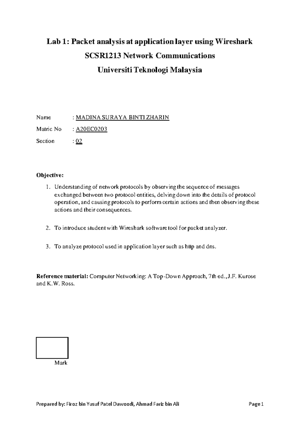 Lab 1 Part C Madina Suraya A20EC0203 - Lab 1: Packet analysis at application layer using ...