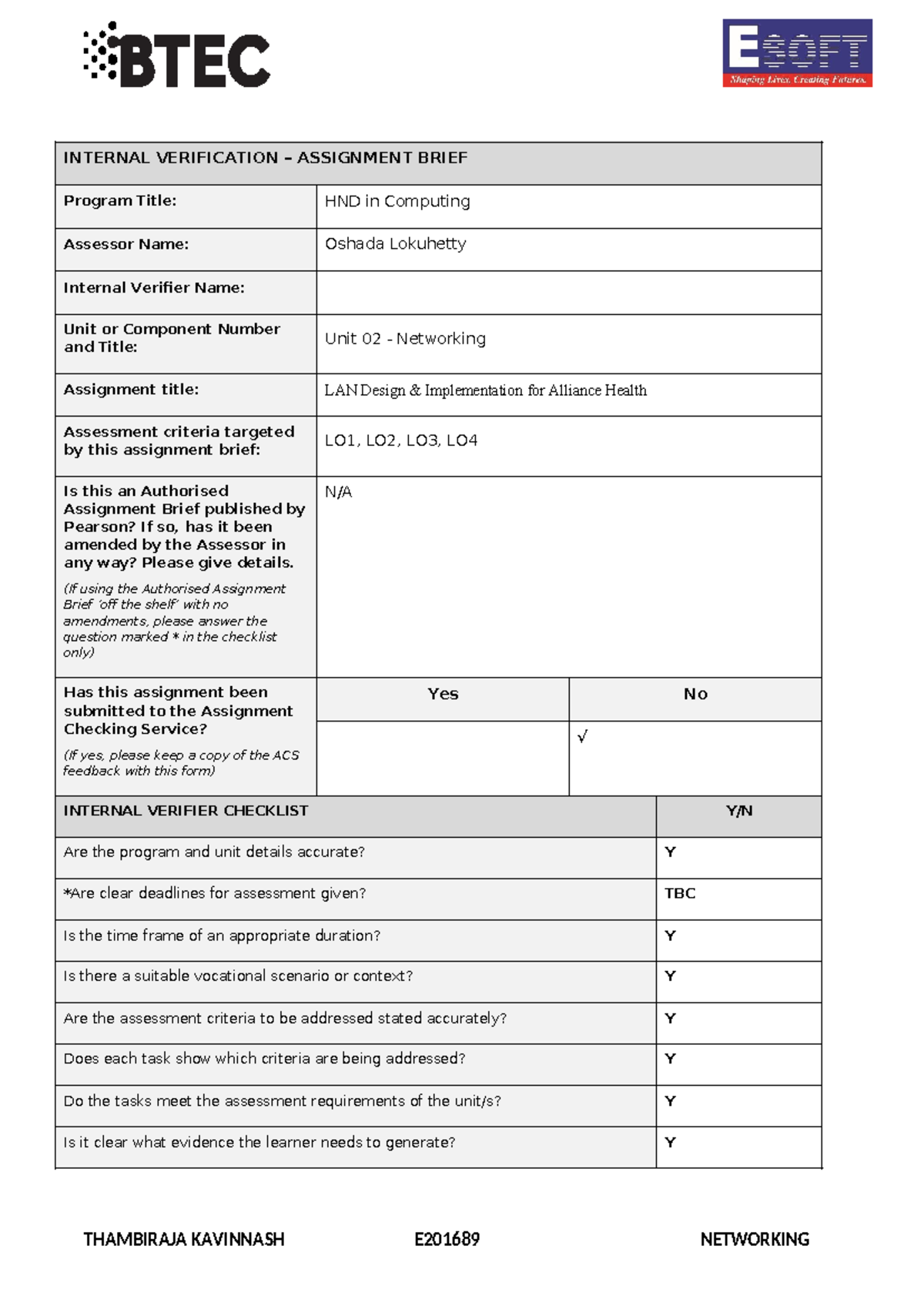 networking -vytgfygfyg - ####### INTERNAL VERIFICATION – ASSIGNMENT BRIEF ####### Program Title ...