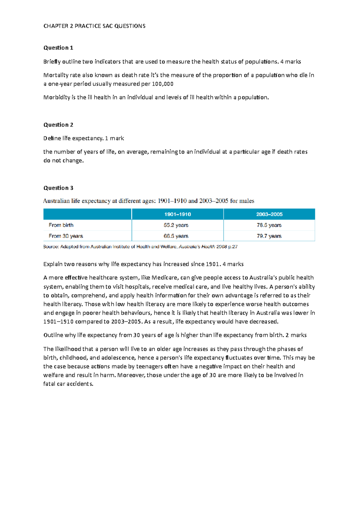 Chapter 2 practice SAC questions - Question 1 Briefly outline two indicators that are used to ...
