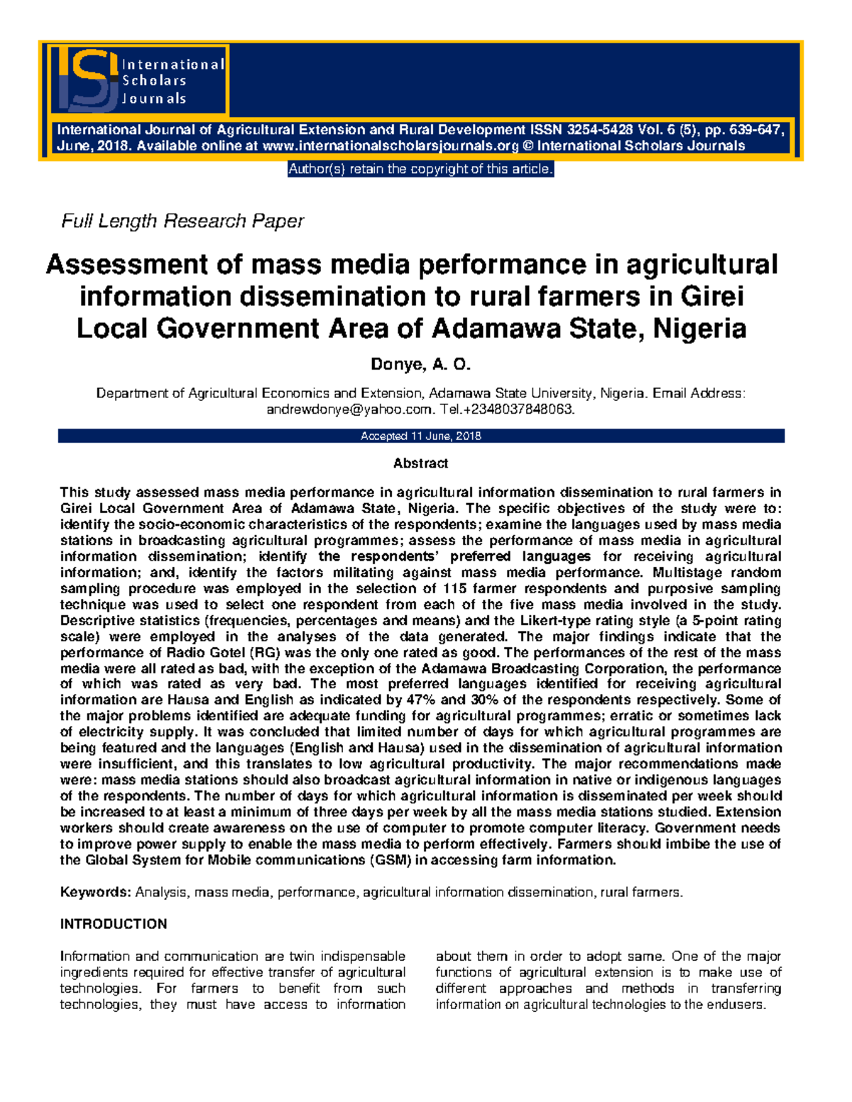 Assessment of mass media performance in agricultural information ...