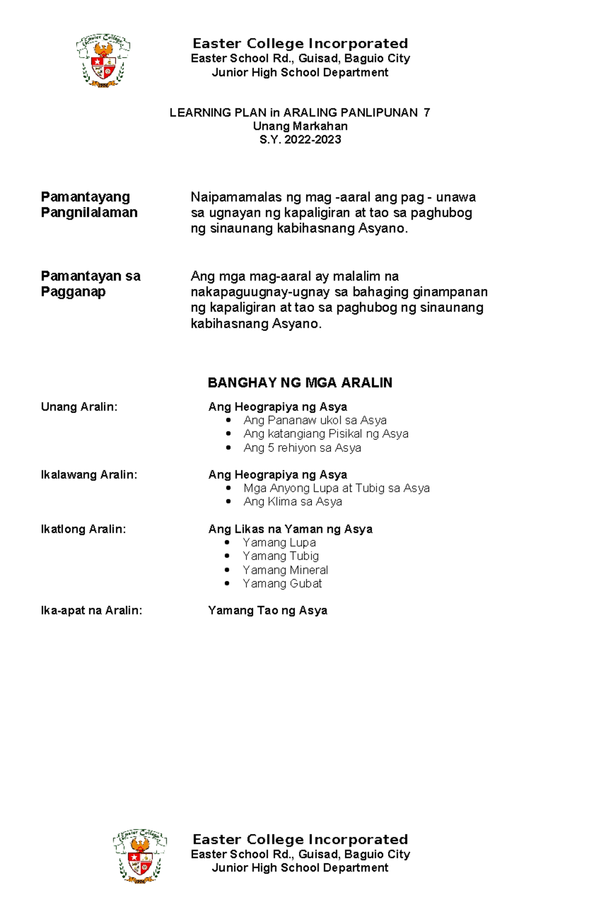 AP 7 Learning Plan 1st quarter (week 1-8) - Easter College Incorporated ...