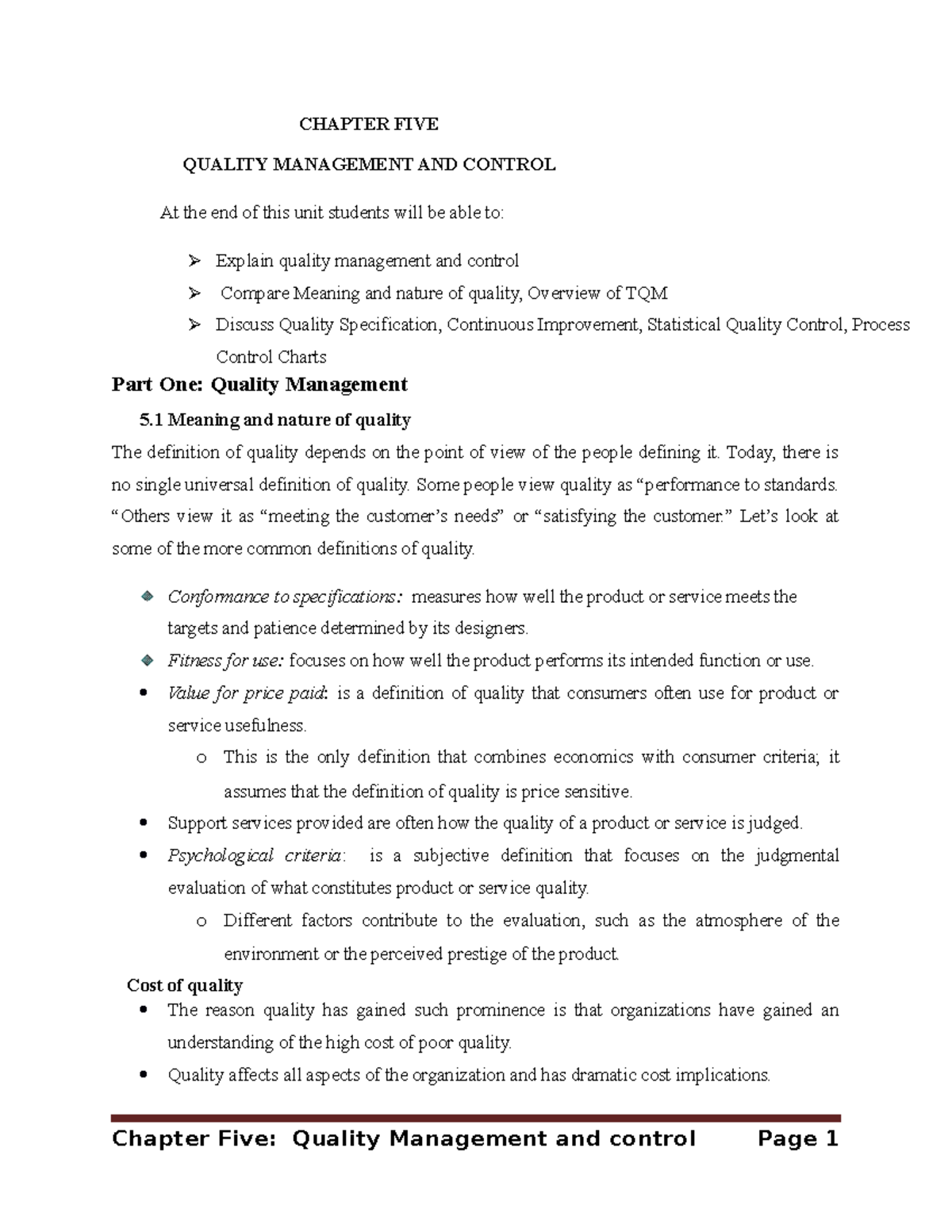 Chapter 5 Part 1 - Student - CHAPTER FIVE QUALITY MANAGEMENT AND ...