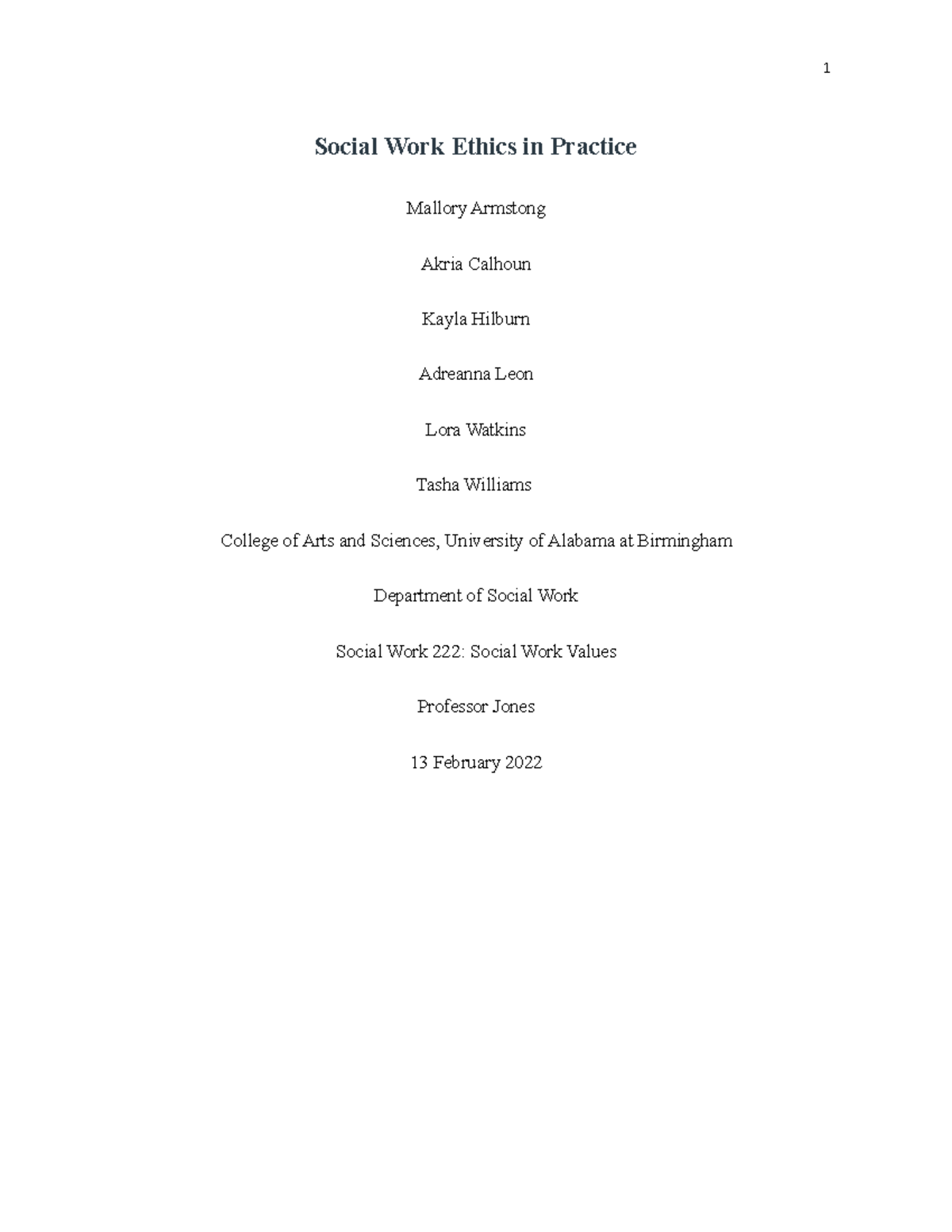 Module 2 week 2 assignment - Social Work Ethics in Practice Mallory ...