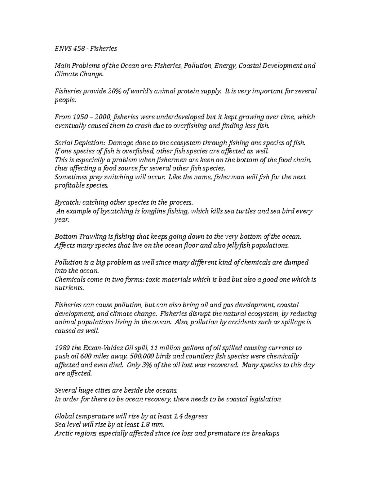 Fisheries Notes - ENVS 458 - Fisheries Main Problems of the Ocean are ...