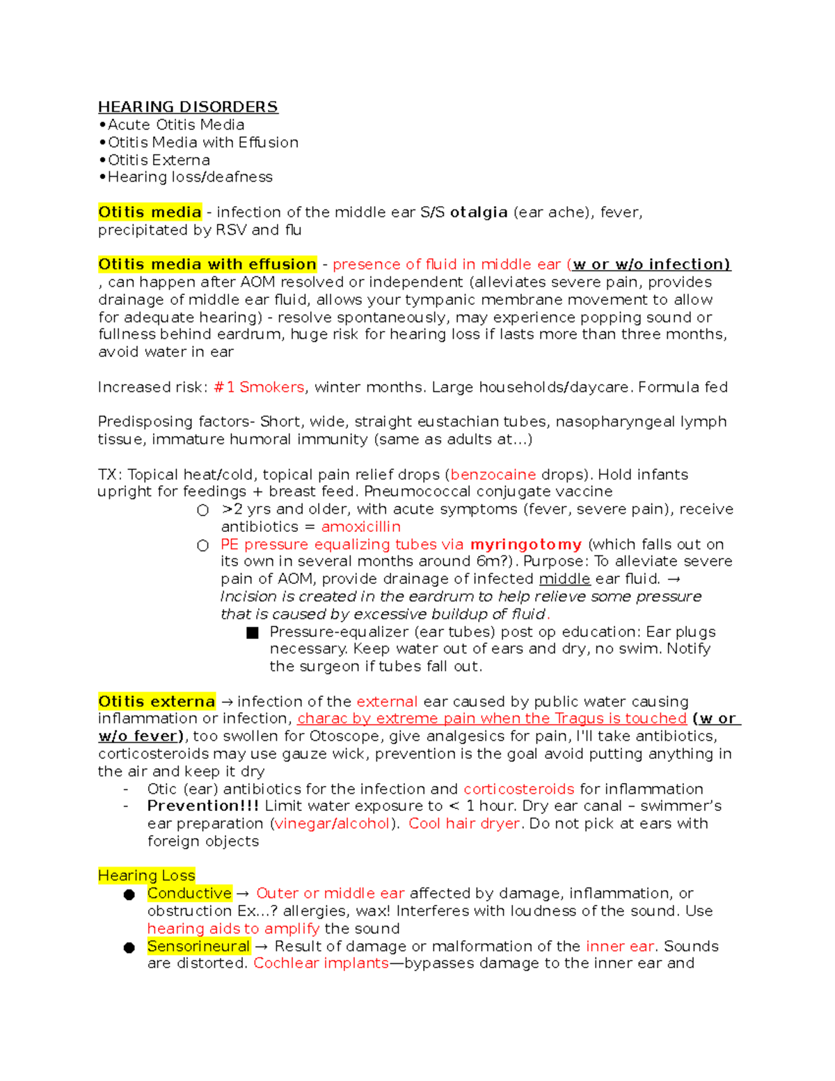 Peds - my notes Sensory diseases - HEARING DISORDERS Acute Otitis Media ...