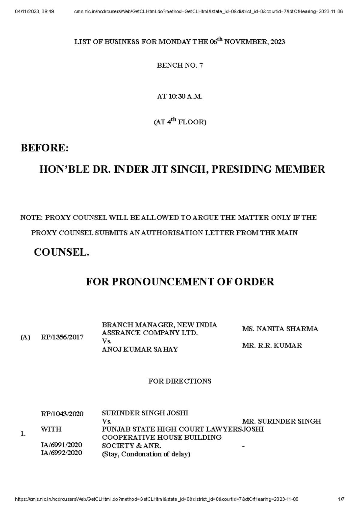 Cms.nic - DRJK EUFGWE POJF WEOI - LIST OF BUSINESS FOR MONDAY THE 06th ...