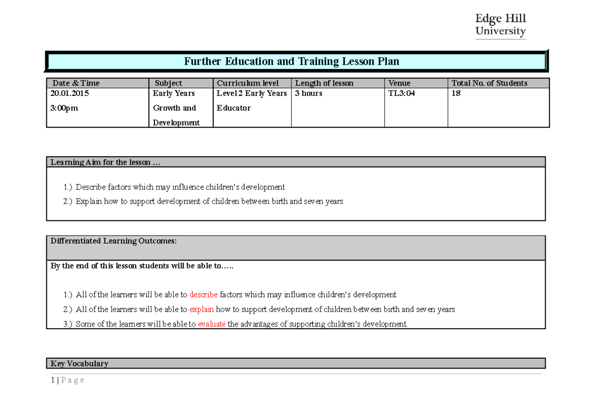 Lesson plan - Early years growth and development - Further Education ...